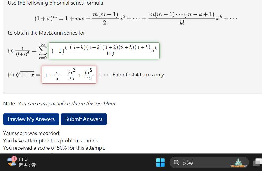 Solved Use the following binomial series | Chegg.com