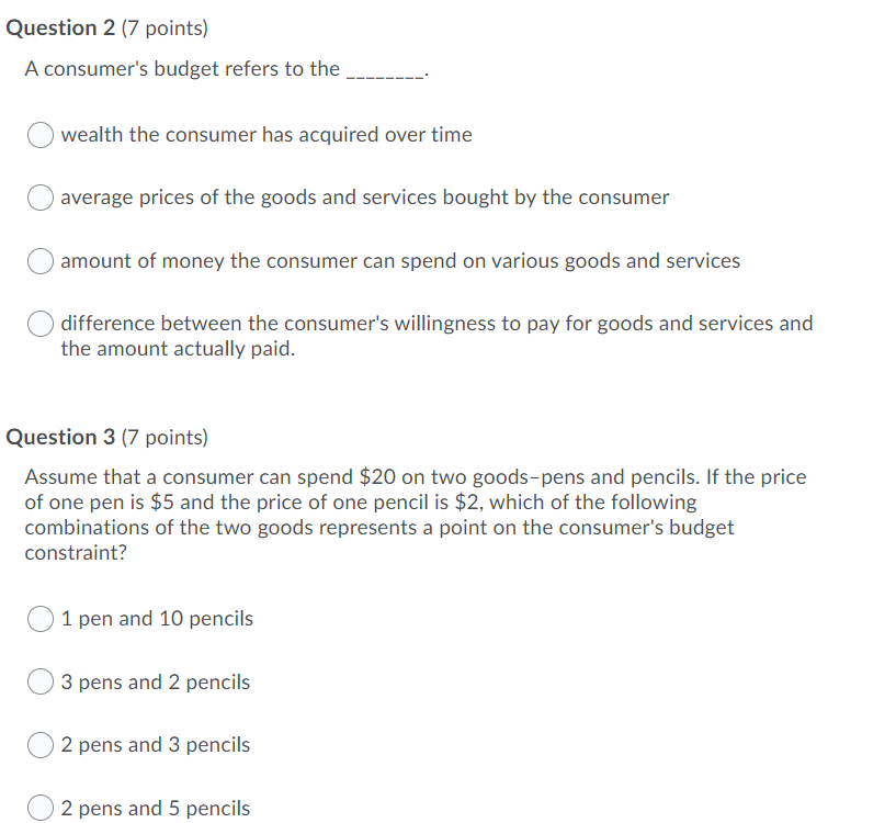 Solved Question 2 (7 points) A consumer's budget refers to | Chegg.com