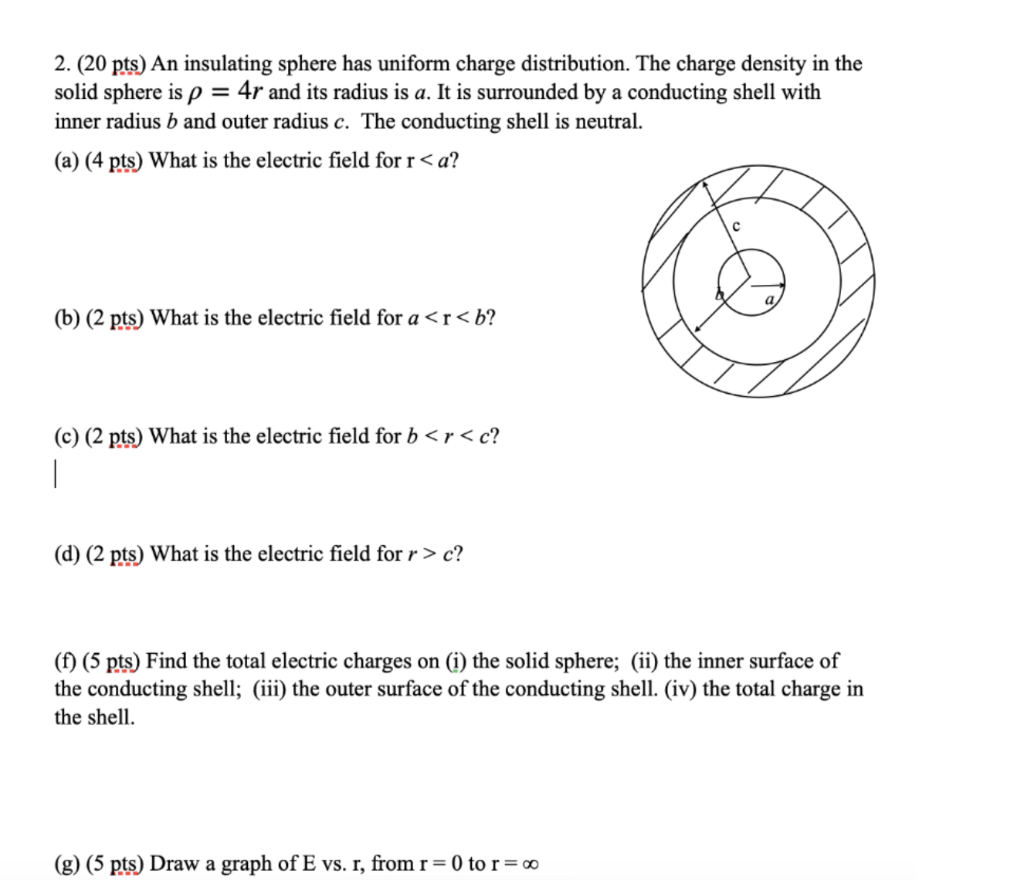 Solved 2. (20 pts) An insulating sphere has uniform charge | Chegg.com