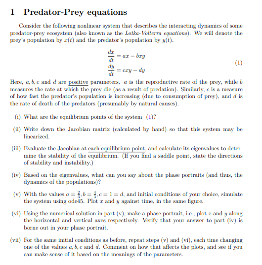 Solved 1 Predator-Prey equations Consider the following | Chegg.com