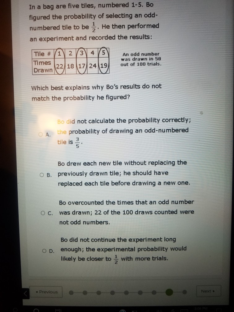 Solved In a bag are five tiles, numbered 1-5. Bo figured the | Chegg.com