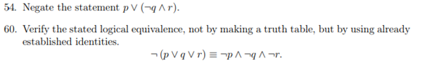 Solved 54. Negate the statement p∨(¬q∧r). 60. Verify the | Chegg.com
