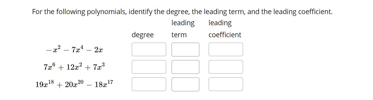 Solved For the following polynomials, identify the degree, | Chegg.com