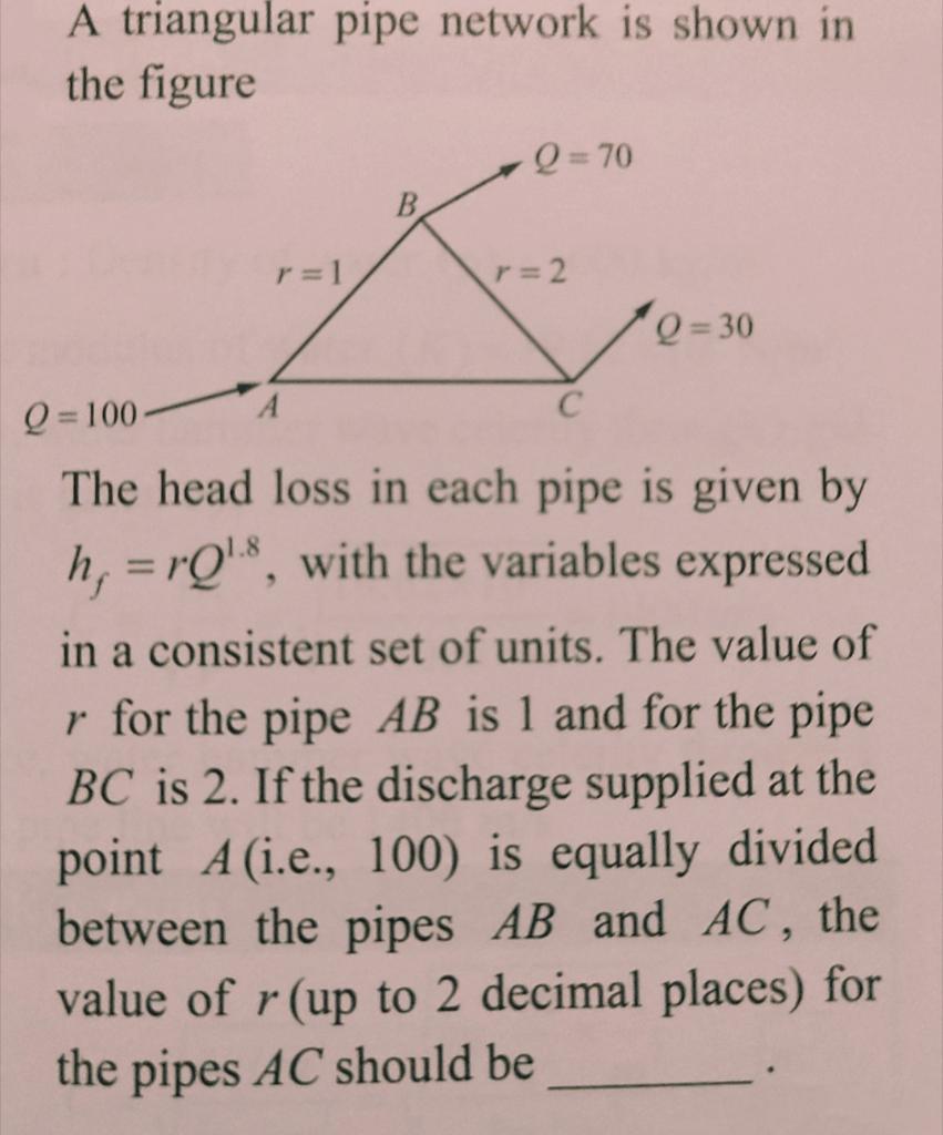 Solved A triangular pipe network is shown in the figure Q = | Chegg.com