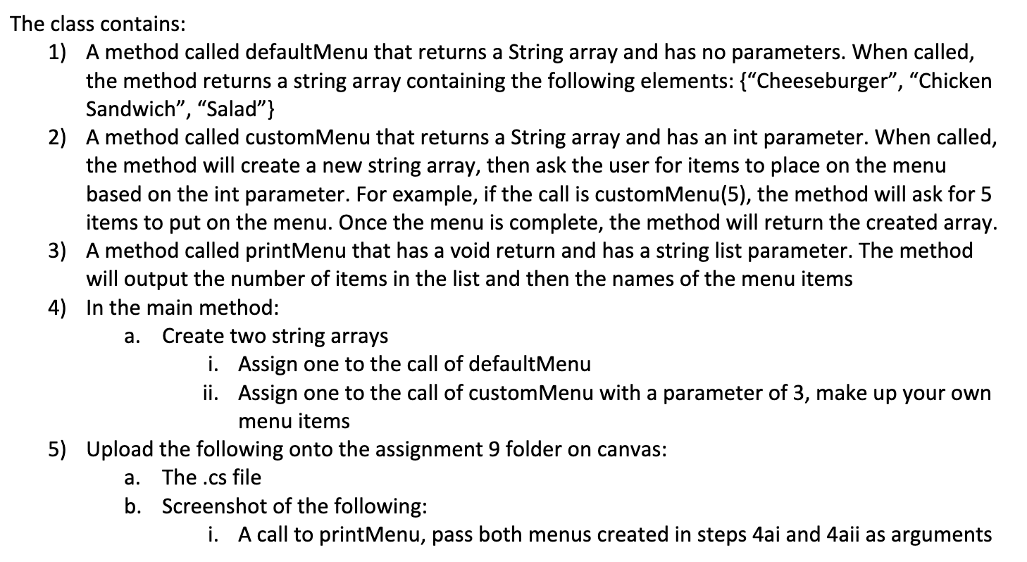 Solved 1) A method called defaultMenu that returns a String | Chegg.com