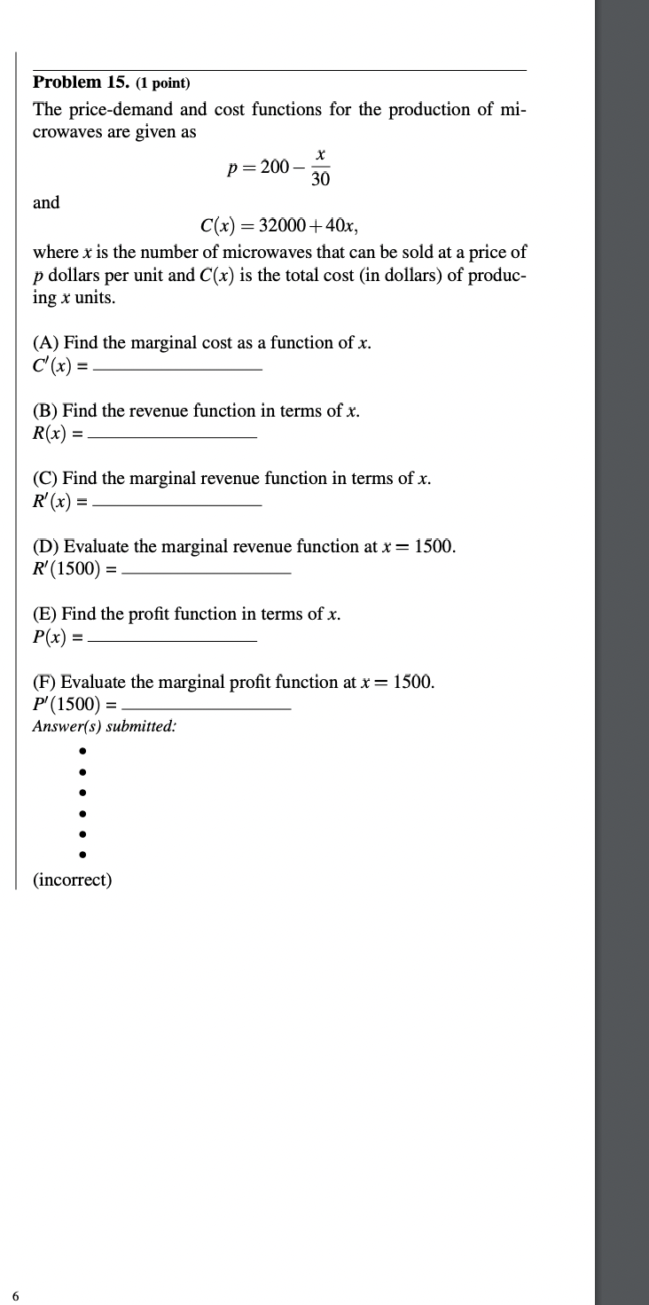 Solved Problem 15. (1 ﻿point)The price-demand and cost | Chegg.com