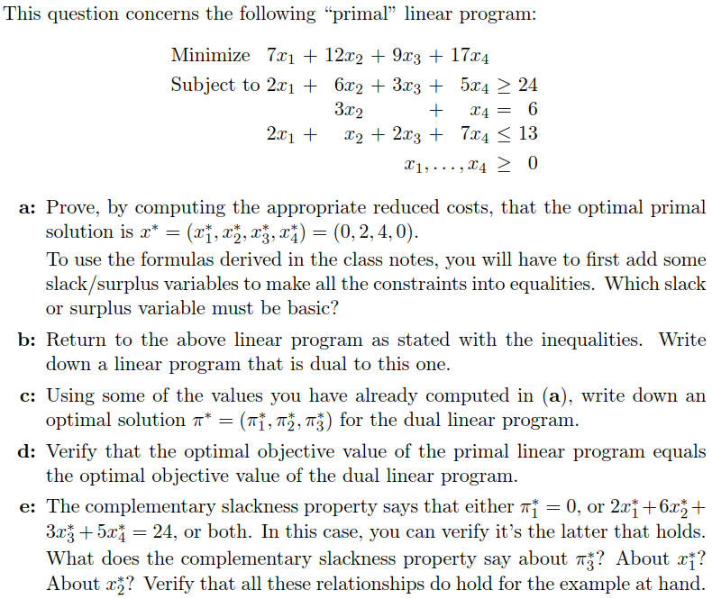 Solved This question concerns the following “primal” linear | Chegg.com