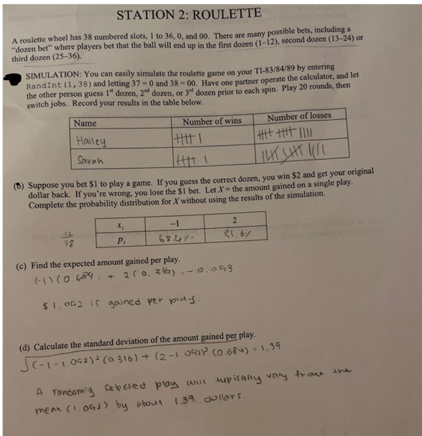 Solved STATION 2: ROULETTE A roulette wheel has 38 numbered | Chegg.com