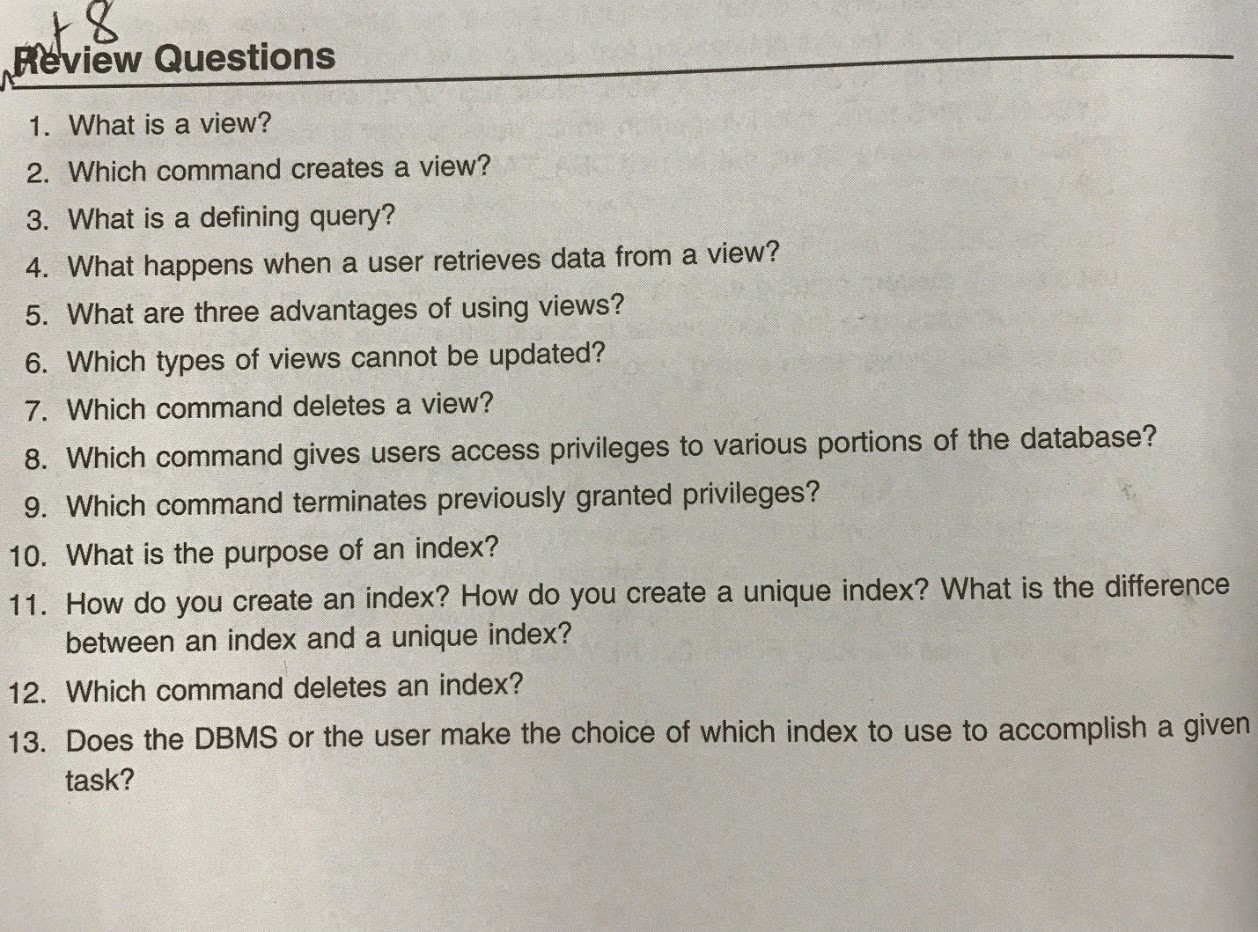 Solved Review Questions 1. What is a view? 2. Which command | Chegg.com