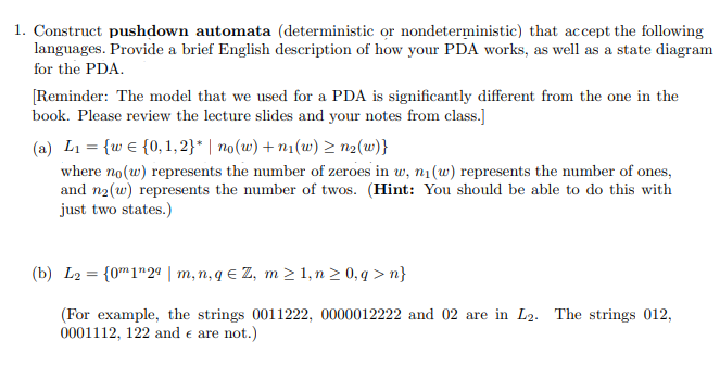 1. Construct pushdown automata (deterministic or | Chegg.com