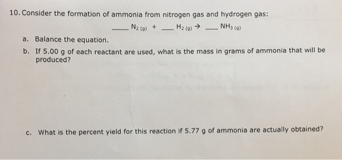 Solved 10. Consider the formation of ammonia from nitrogen | Chegg.com