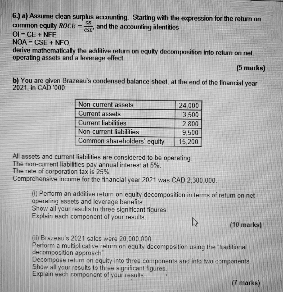 6.) a) Assume clean surplus accounting. Starting with | Chegg.com