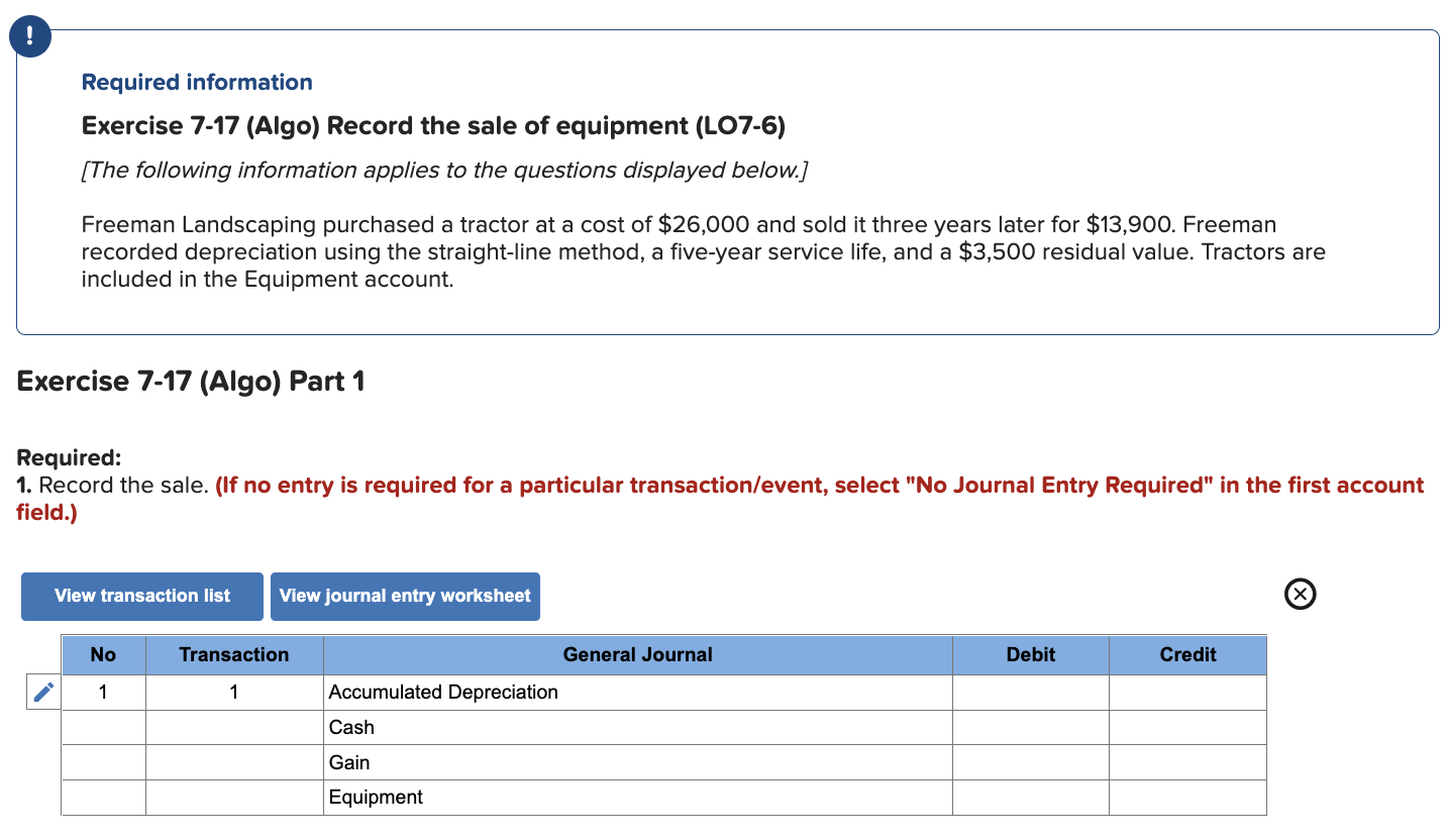 Solved Required information Exercise 7-17 (Algo) Record the | Chegg.com