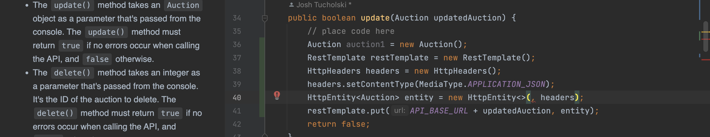 Solved Stuck on the update method, I am afraid I dont really | Chegg.com