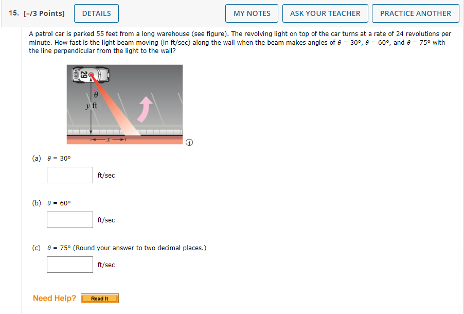 Solved A patrol car is parked 55 feet from a long warehouse | Chegg.com