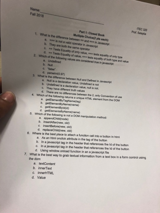 Solved Ame Fall 2018 Itec 320 Prof Salayka Part 1 Closed 