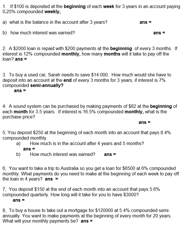 Solved FV PV Math Questions, use the formulas shown. Please | Chegg.com