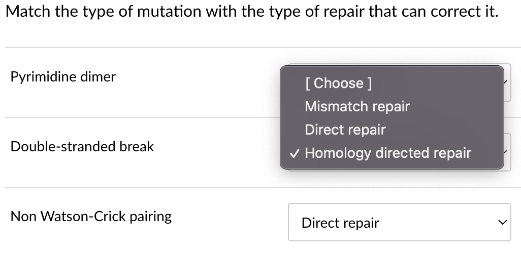 Solved Match the type of mutation with the type of repair | Chegg.com