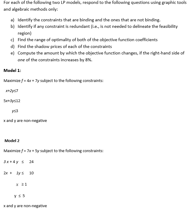 Solved For each of the following two LP models, respond to | Chegg.com