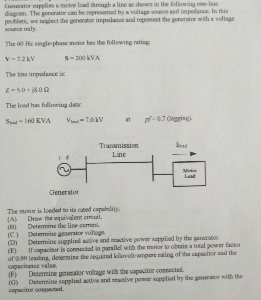 Solved Generator supplies a motor load through a line as | Chegg.com