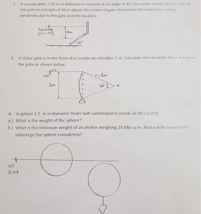 Solved 2. A circular gate 1.50 m in diameter is inclined at | Chegg.com