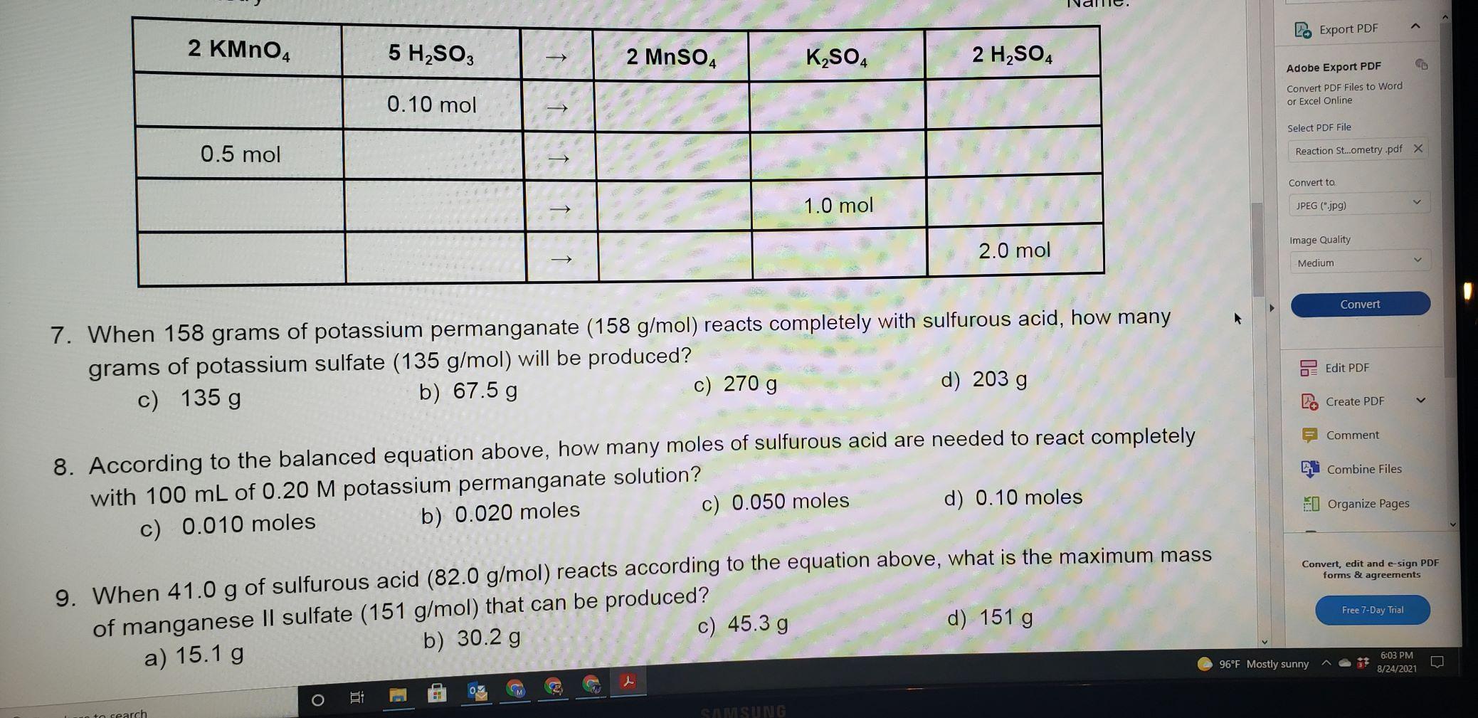 Solved La Export PDF 2 KMnO4 5 H2SO3 2 MnSO4 K2SO4 2 H2SO4 | Chegg.com