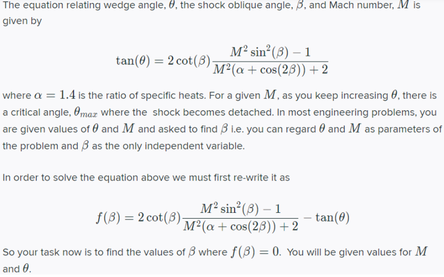 Solved The equation relating wedge angle, 0, the shock | Chegg.com