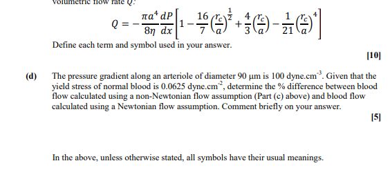 Volumetric flow rate 警」--> (5) G) + πα" 16 Q 8n dx | Chegg.com