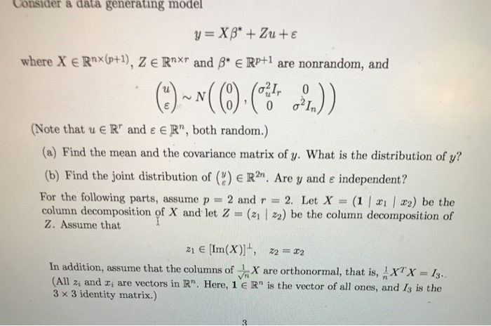 Consider & data generating model where X ERnx (p+1), | Chegg.com