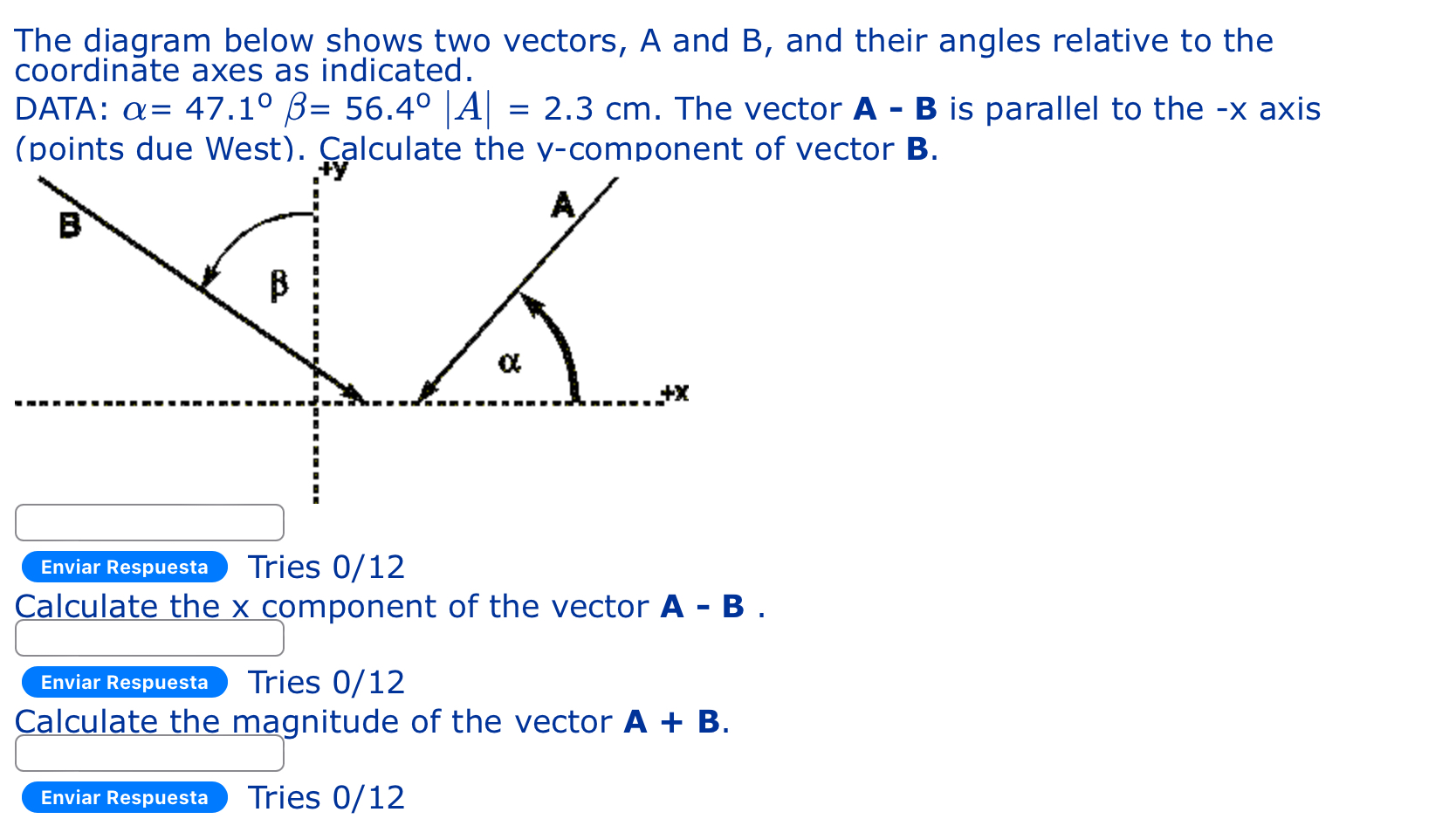 Solved El diagrama siguiente muestra dos vectores,A ﻿yB , ﻿y | Chegg.com