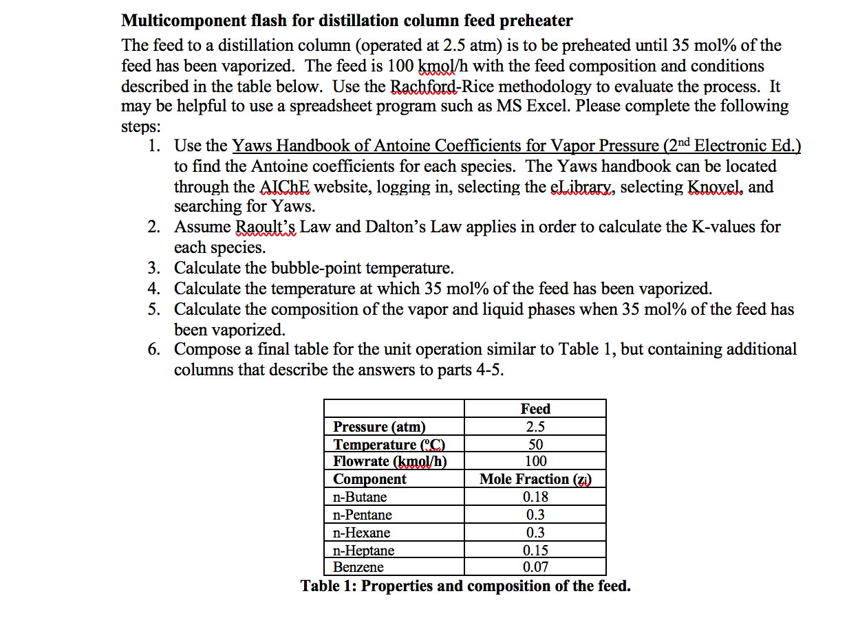 Multicomponent flash for distillation column feed | Chegg.com