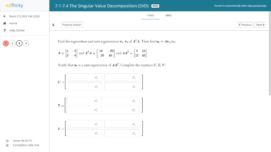 Solved edfinity 7.1-7.4 The Singular Value Decomposition | Chegg.com