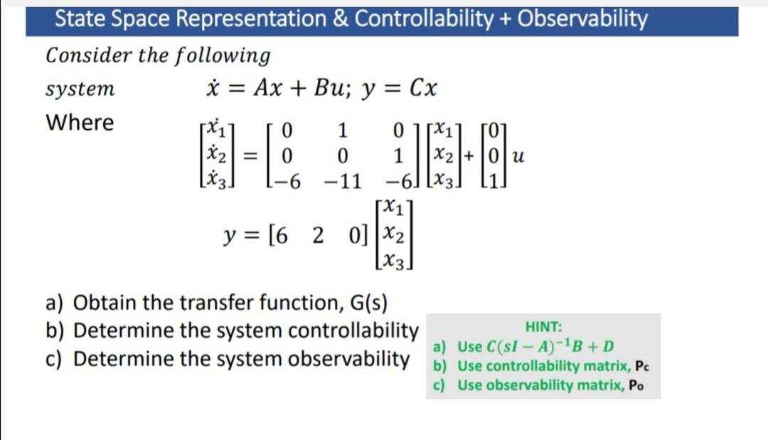 Solved 0 1 0 State Space Representation And Controllability