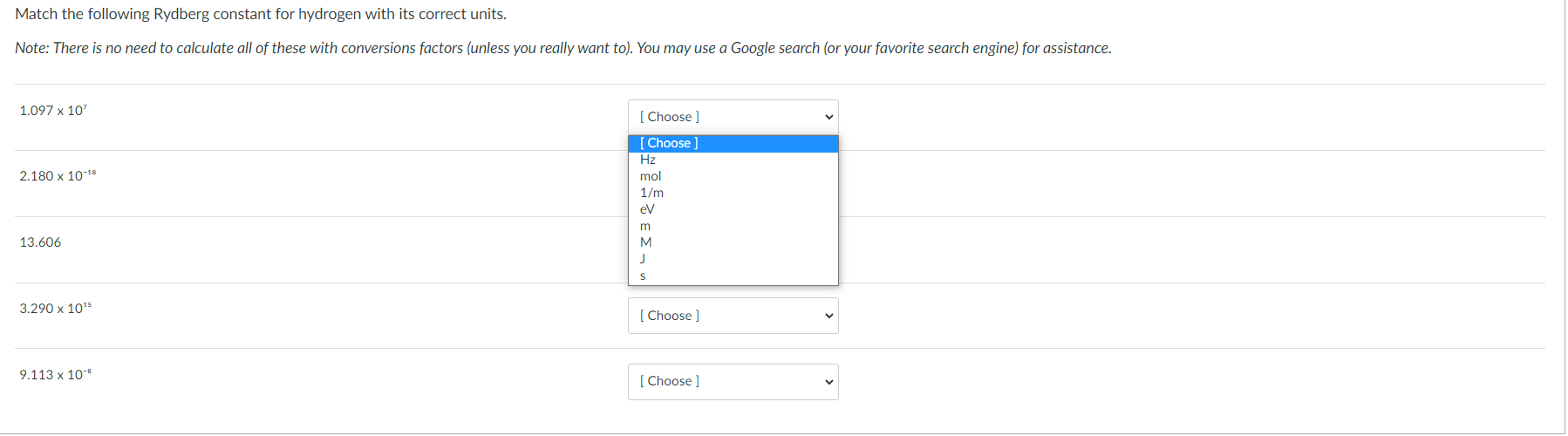 Solved Match the following Rydberg constant for hydrogen | Chegg.com