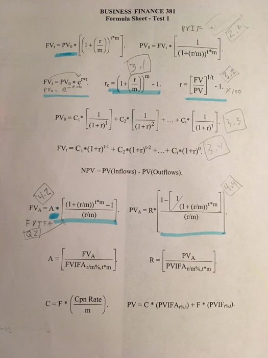 Solved BUSINESS FINANCE 381 Formula Sheet Test 1 PV m/m)) m | Chegg.com
