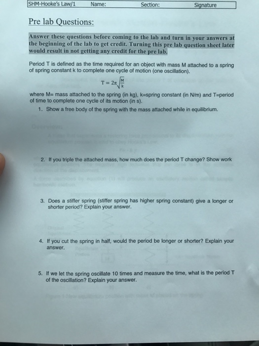 Solved SHM-Hooke's Law/1 Name: Section: Pre lab Questions | Chegg.com