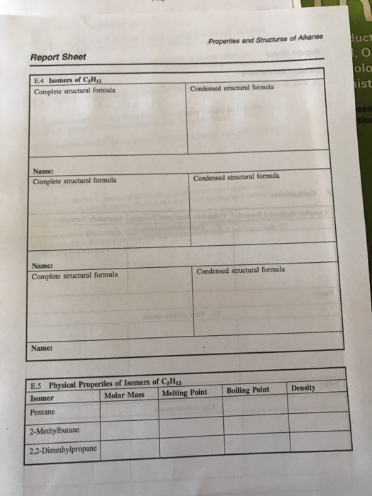 Solved Properties and Structures of Alkanes uct Report Sheet | Chegg.com