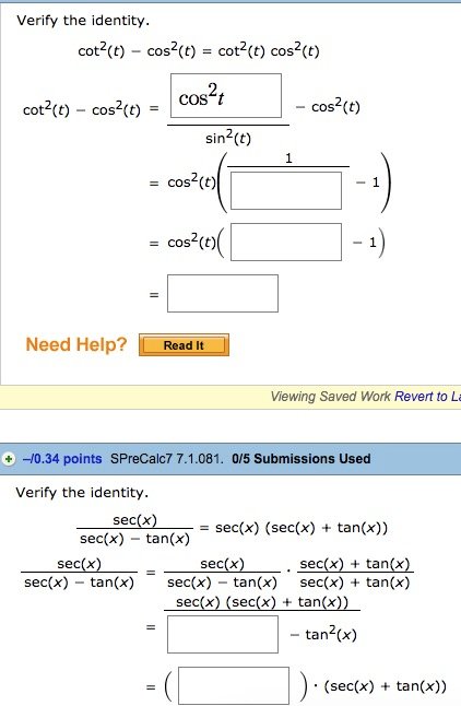 Solved Verify the identity cot2(t) cos2(t) cot2(t) cos2(t) | Chegg.com