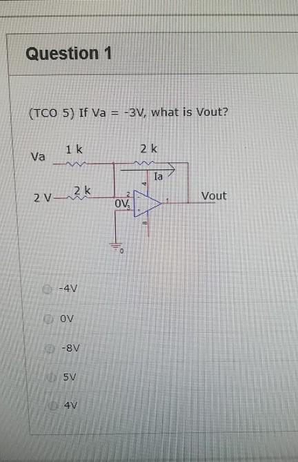 Solved Question 1 (TCO 5) If Va = -3V, what is Vout? 2 k 1 k | Chegg.com