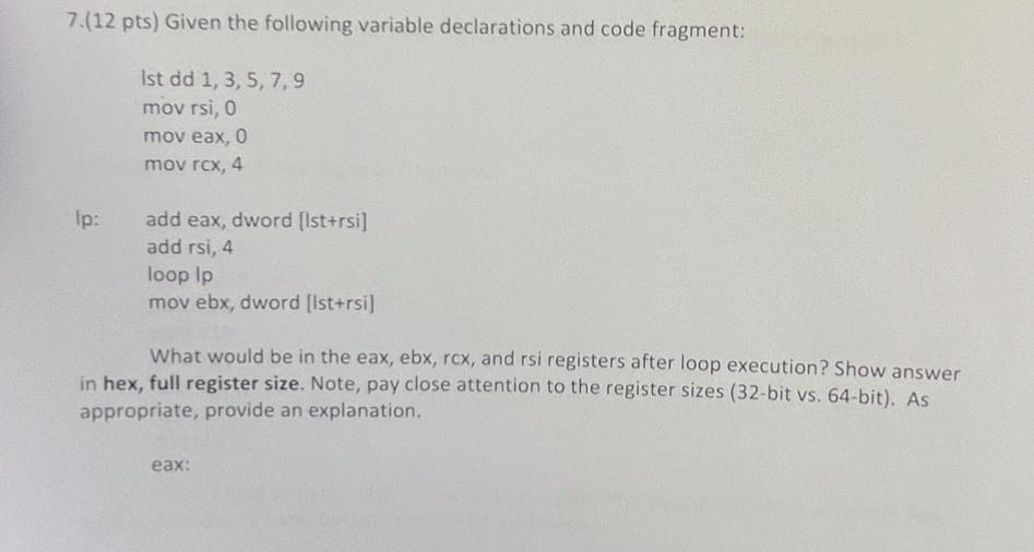Solved 7.(12 pts) Given the following variable declarations | Chegg.com