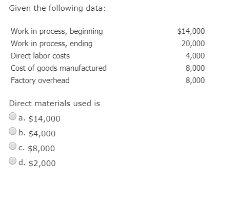 Solved Given the following data: Work in process, beginning | Chegg.com