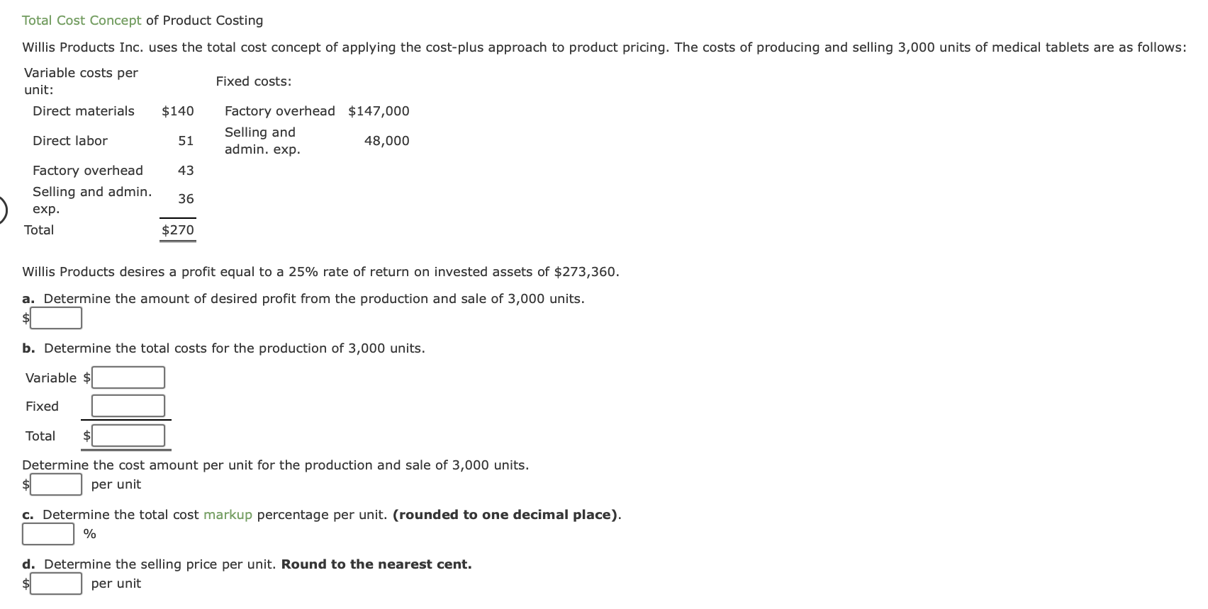 Solved Total Cost Concept of Product Costing Willis Products | Chegg.com