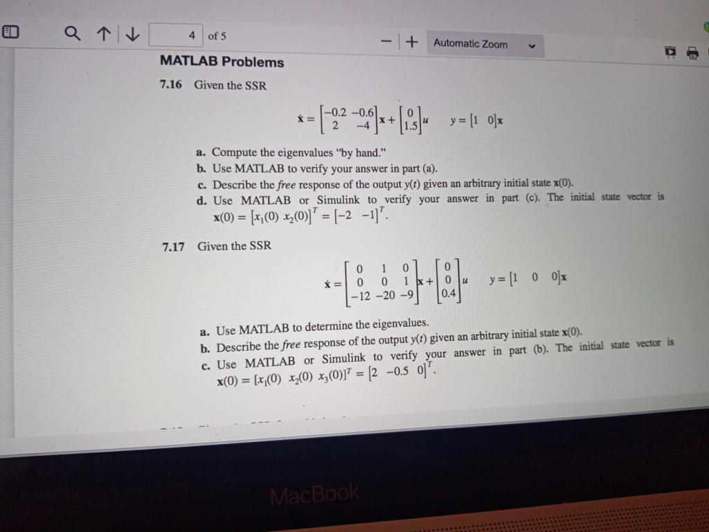 Solved 8 d 4 of 5 MATLAB Problems 7.16 Given the SSR + | Chegg.com