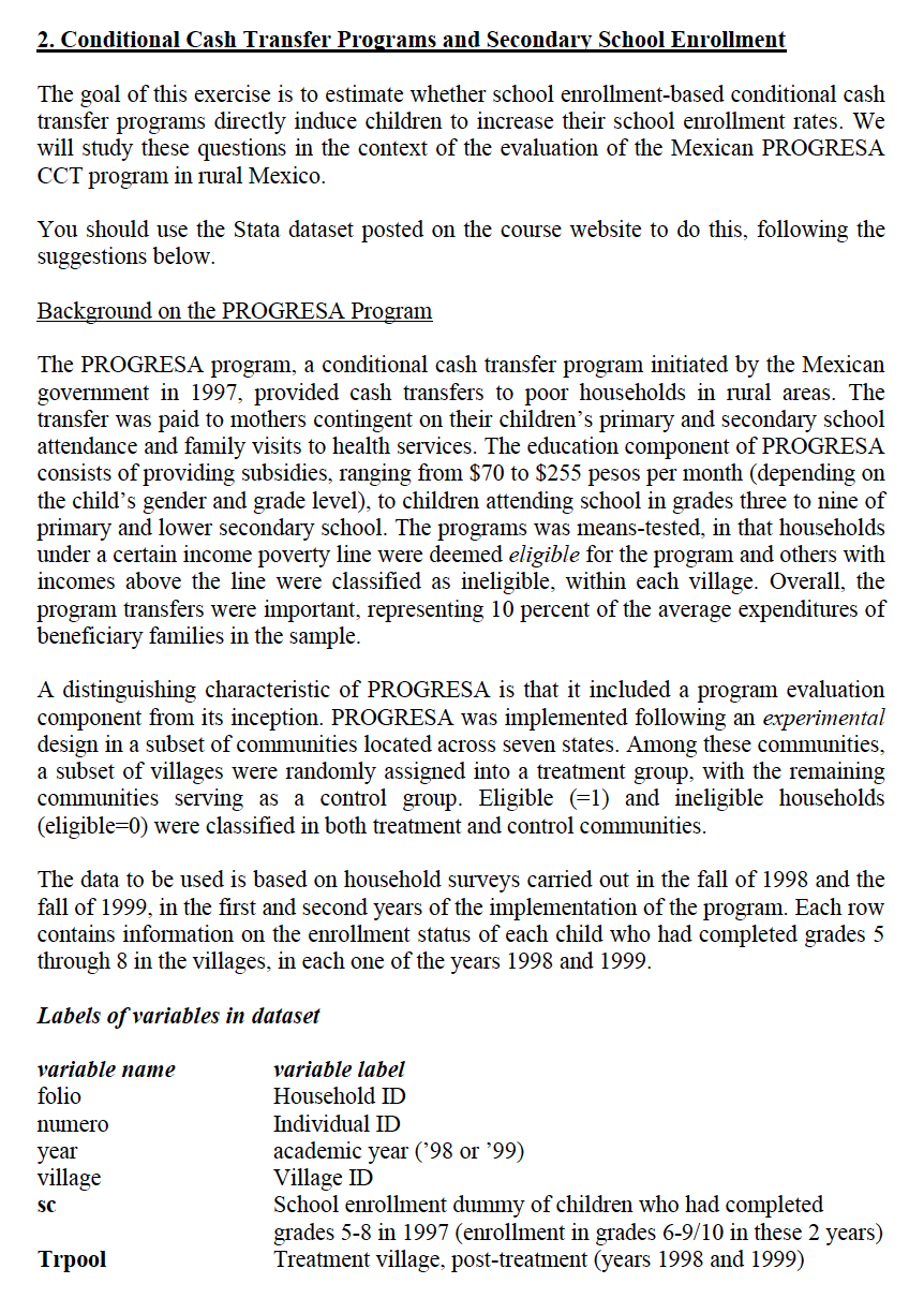 Solved 2. Conditional Cash Transfer Programs and Secondary | Chegg.com