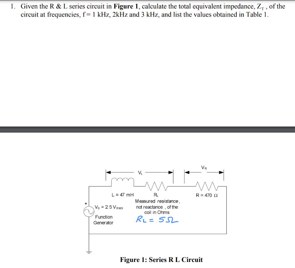 Solved 1. Given the R & L series circuit in Figure 1, | Chegg.com