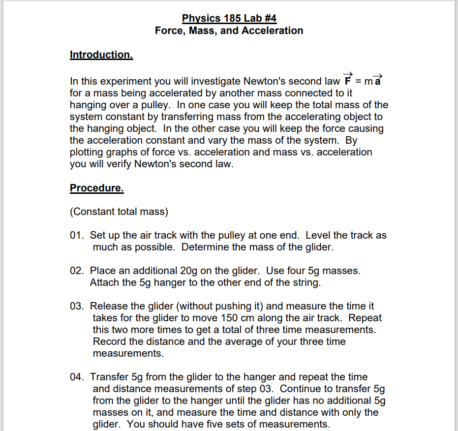 Force, Mass, and Acceleration Introduction. In this | Chegg.com