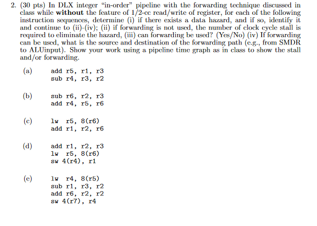 Solved In DLX integer “in-order” pipeline with the | Chegg.com