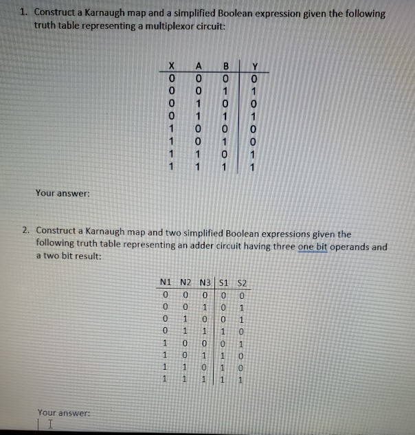 Solved 1. Construct a Karnaugh map and a simplified Boolean | Chegg.com