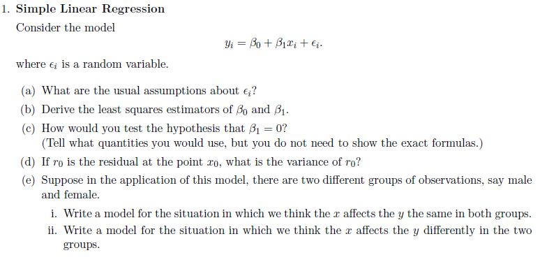 Solved 1. Simple Linear Regression Consider the model where | Chegg.com