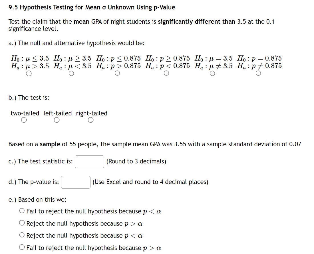Solved 9.5 Hypothesis Testing for Mean σ Unknown Using | Chegg.com